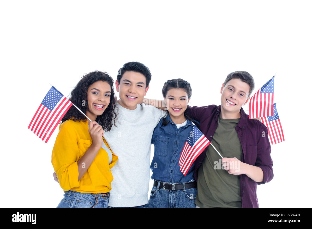 smiling teen students with usa flags isolated on white Stock Photo - Alamy