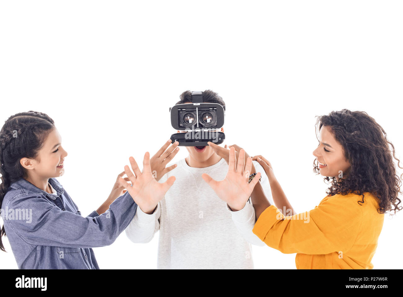 teenage students having fun with vr headset isolated on white Stock ...