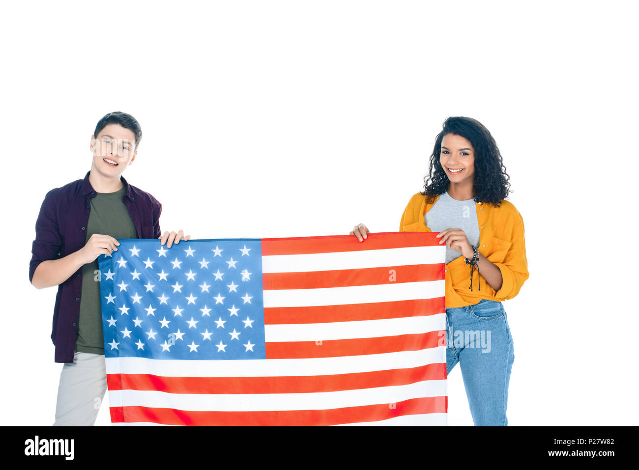 happy teenage students with usa flag isolated on white Stock Photo - Alamy