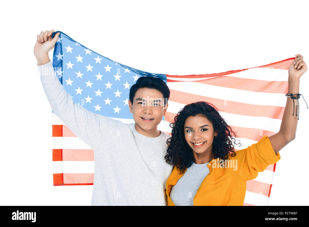 teenage students with american flag behind back isolated on white Stock ...