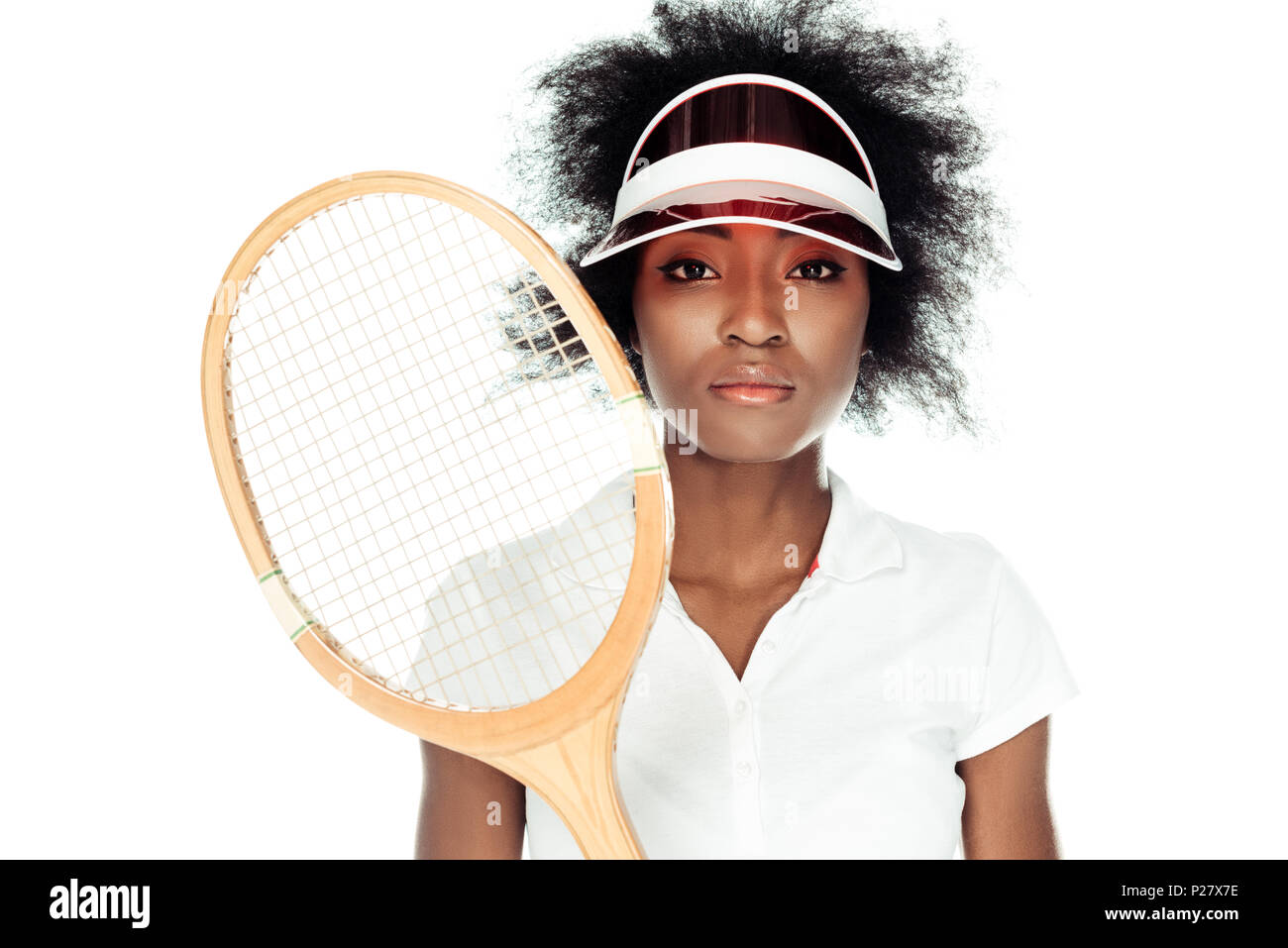 female tennis player in cap with racket isolated on white Stock Photo ...
