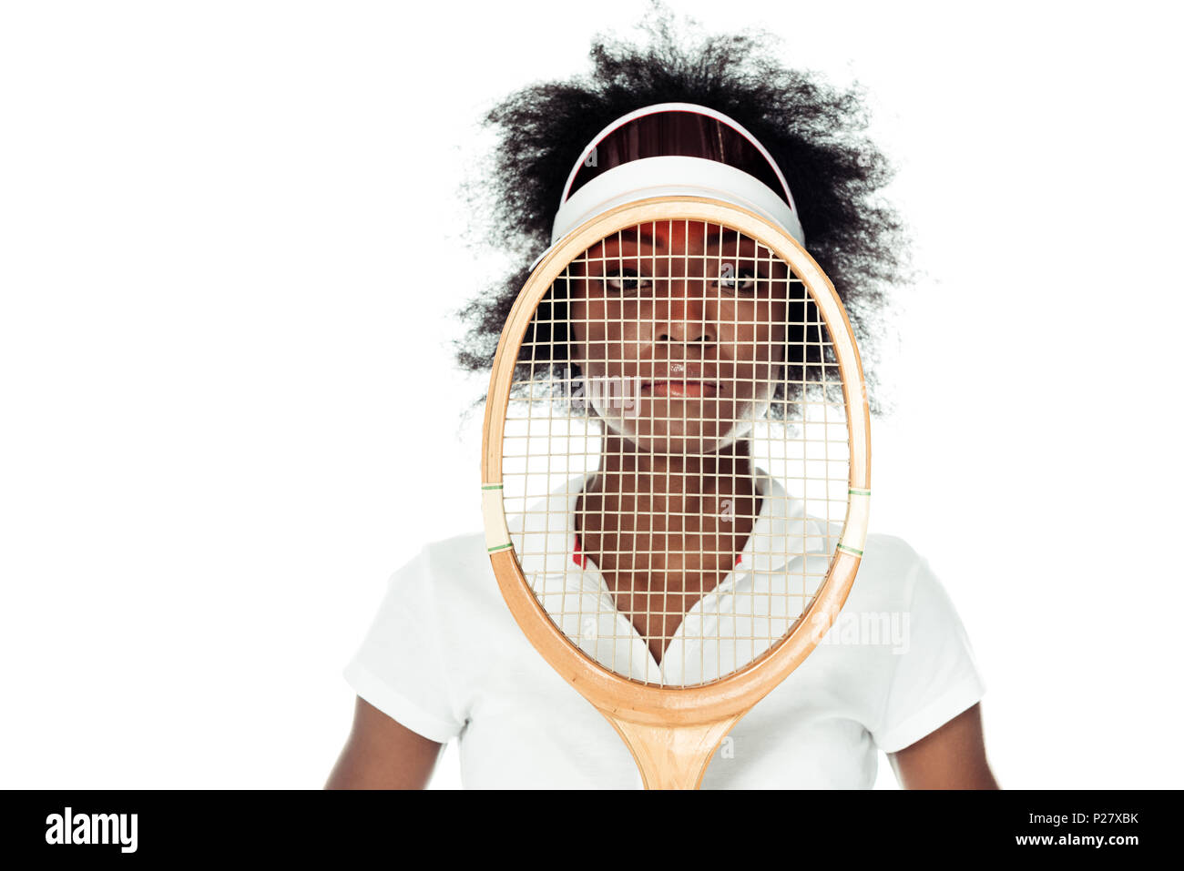 female tennis player with racket in front of face isolated on white ...