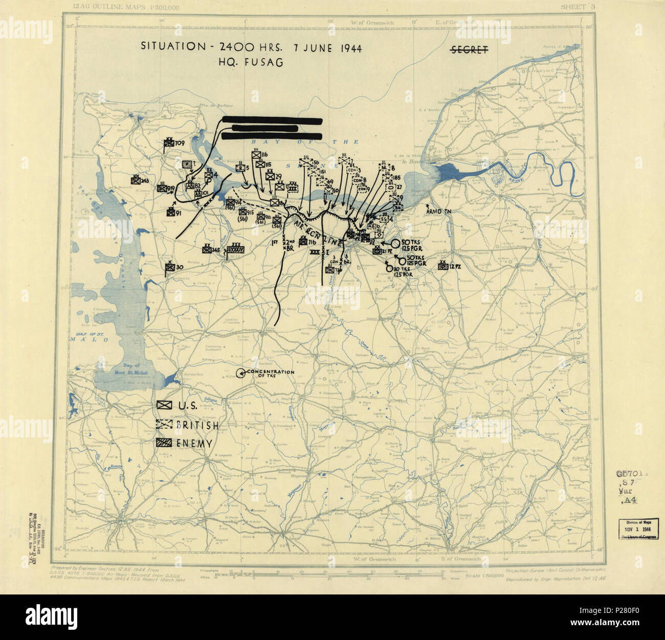 (June 7, 1944), HQ Twelfth Army Group situation map. LOC 2004629027 ...