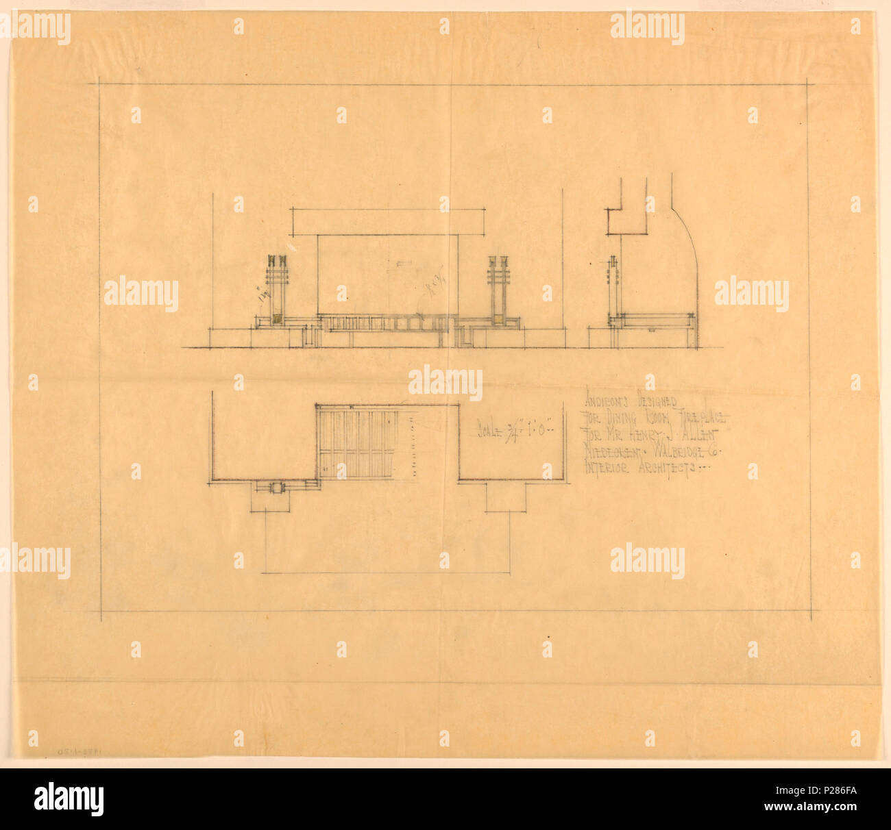 . English: Drawing, Andirons, Dining Room Fireplace, Henry J. Allen ...