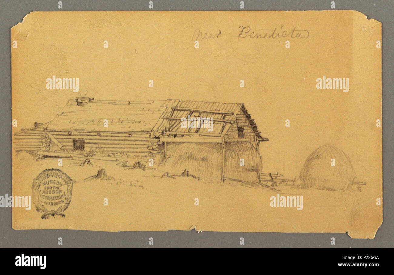 . English: Drawing, Barn with haystack . English: Verso: design ...