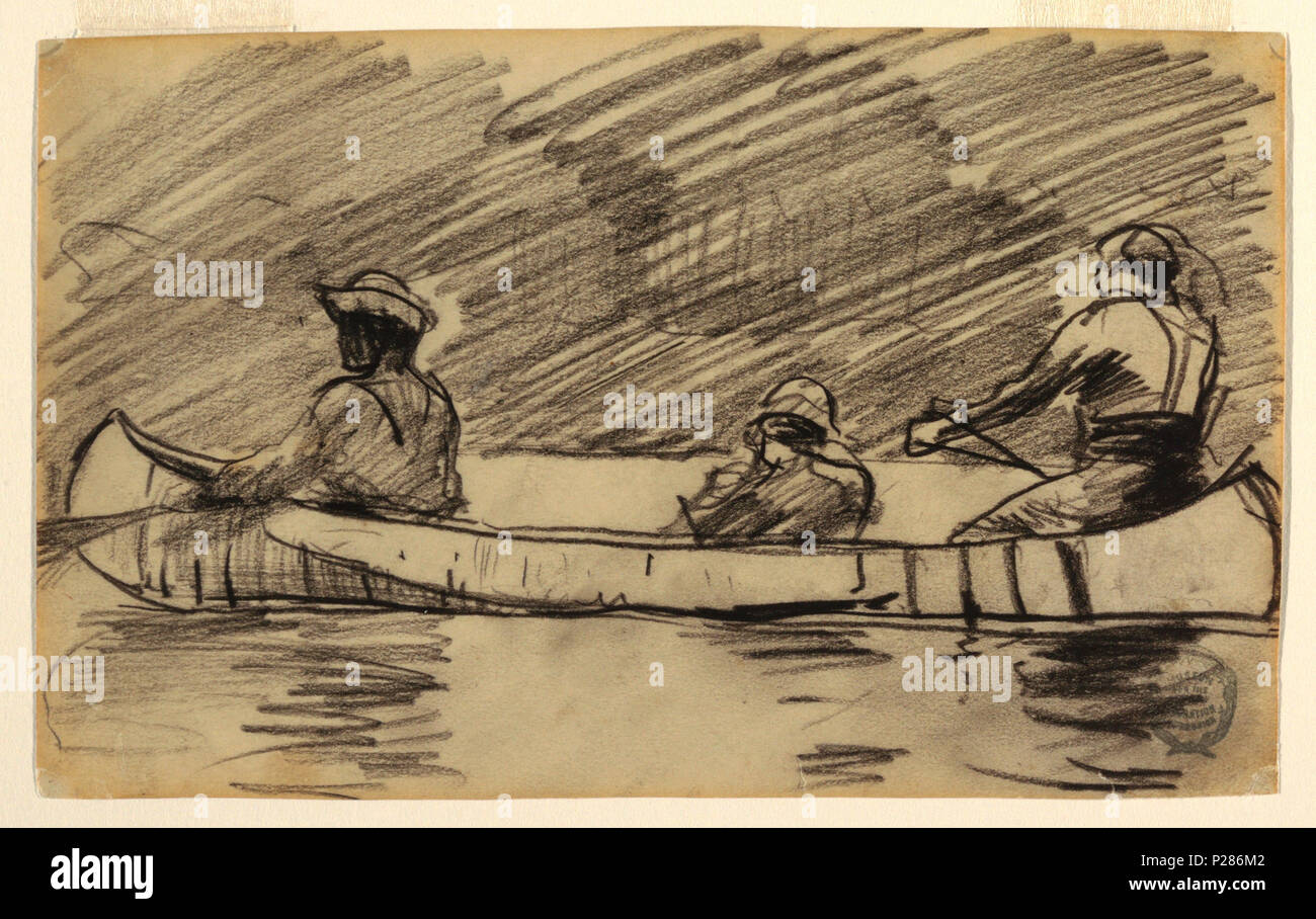 . English: Drawing, Canoe with Three Men, probably 1897 . English ...
