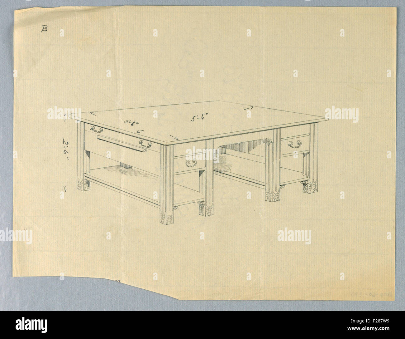 102 Drawing, Design for Library Table "B" with Six, Fluted, Square Legs ...