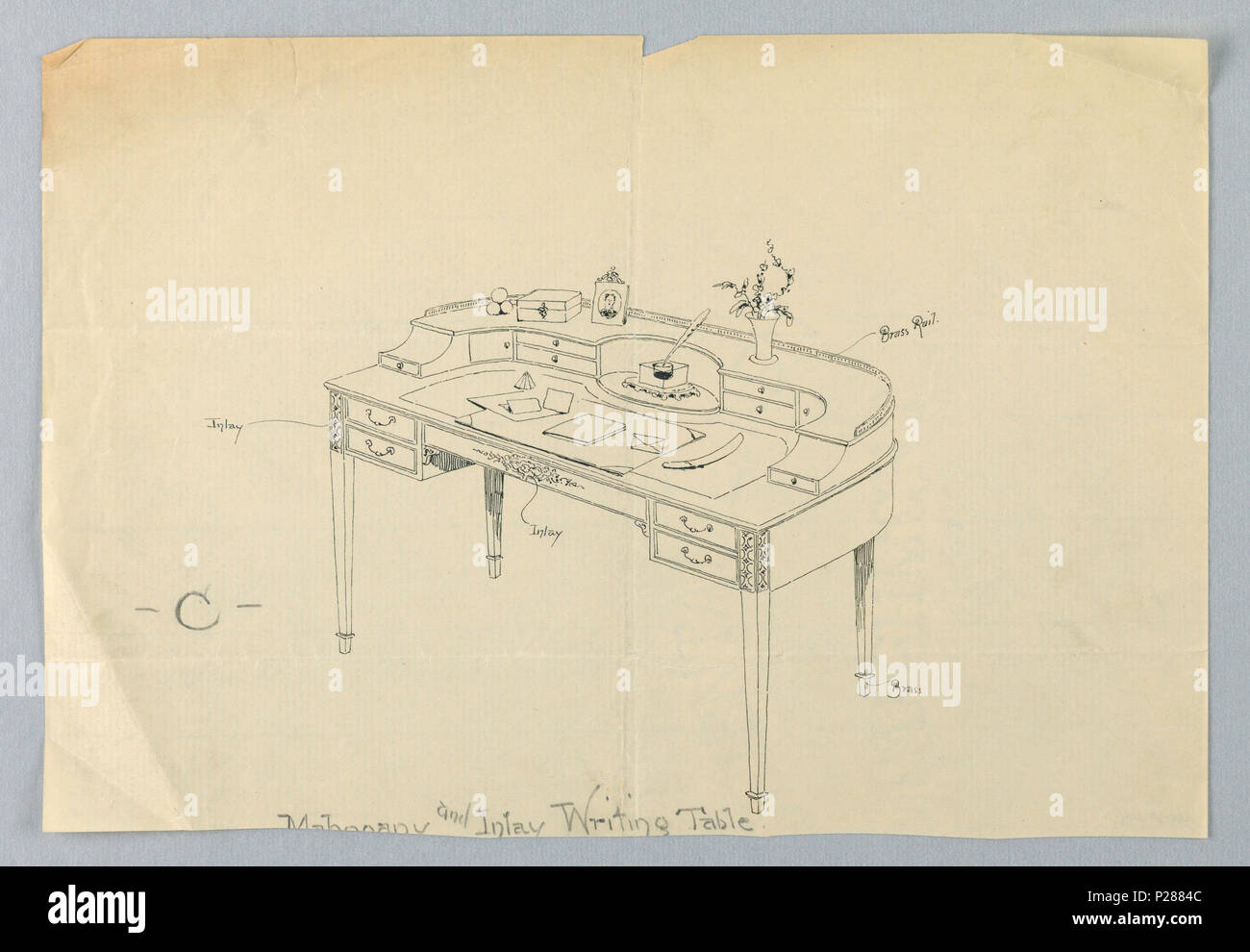 102 Drawing, Design for Semi-Circular Writing Table "C" with Brass Feet ...