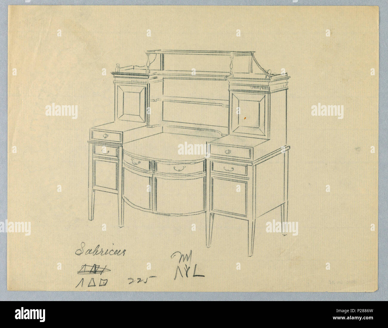 103 Drawing, Design for Sideboard with Raised Side Cabinets and Upper ...