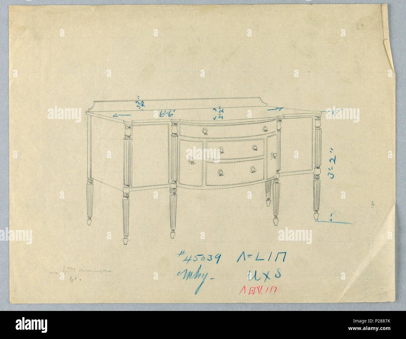 103 Drawing, Design for Six-legged Sideboard with Five Central Drawers ...
