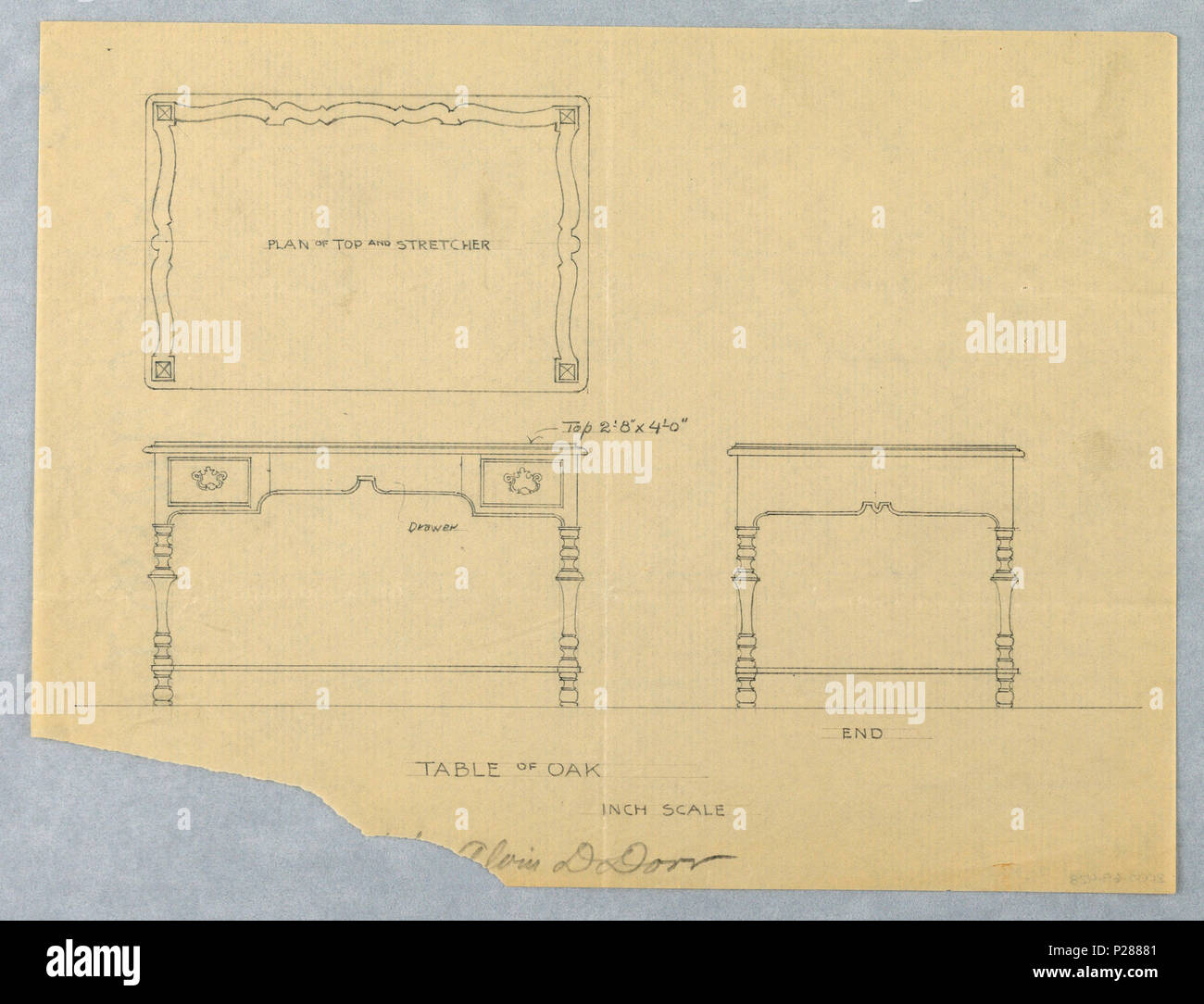 103 Drawing, Design for Small Oak Table in Plan, Elevation, and Side ...