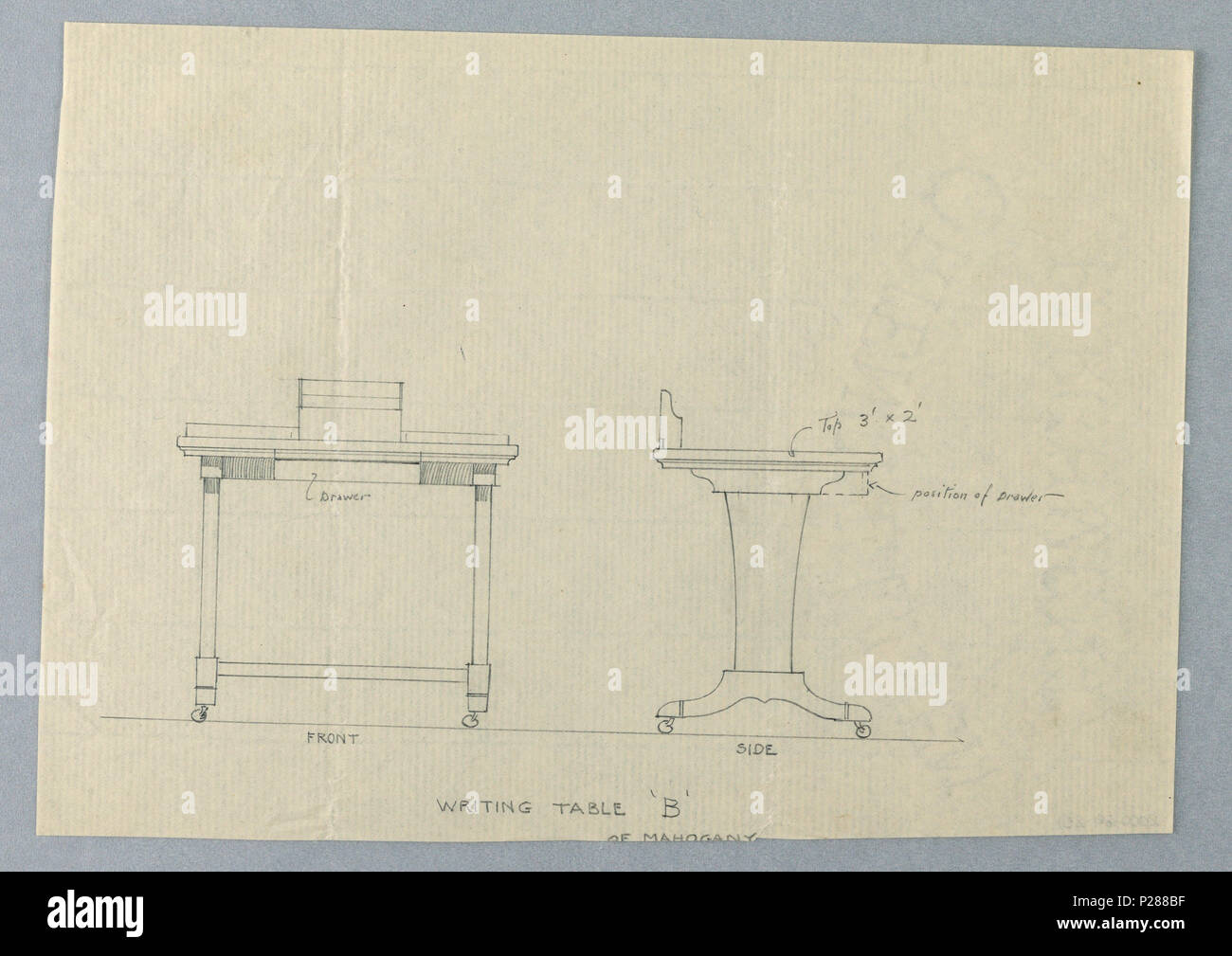 103 Drawing, Design for Writing Table "B" in Elevation and Side Views ...