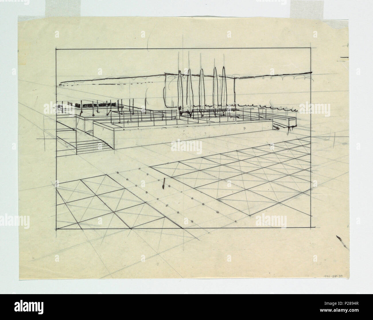 . English: Drawing, Garden on Two Levels Rendered in Perspective, ca ...
