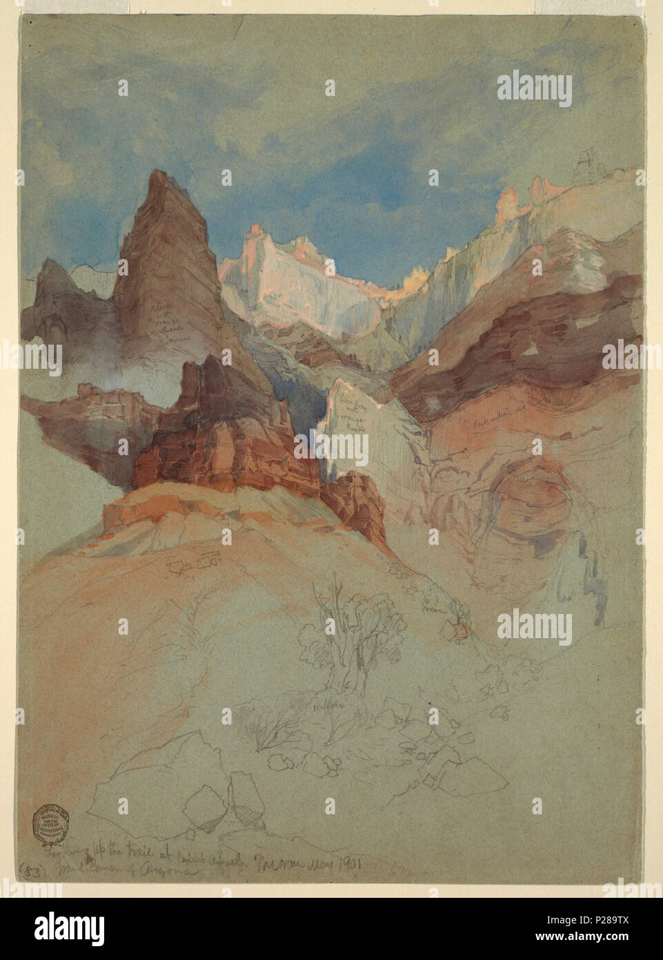 . English: Drawing, Looking up the Trail at Bright Angel, Grand Canyon ...