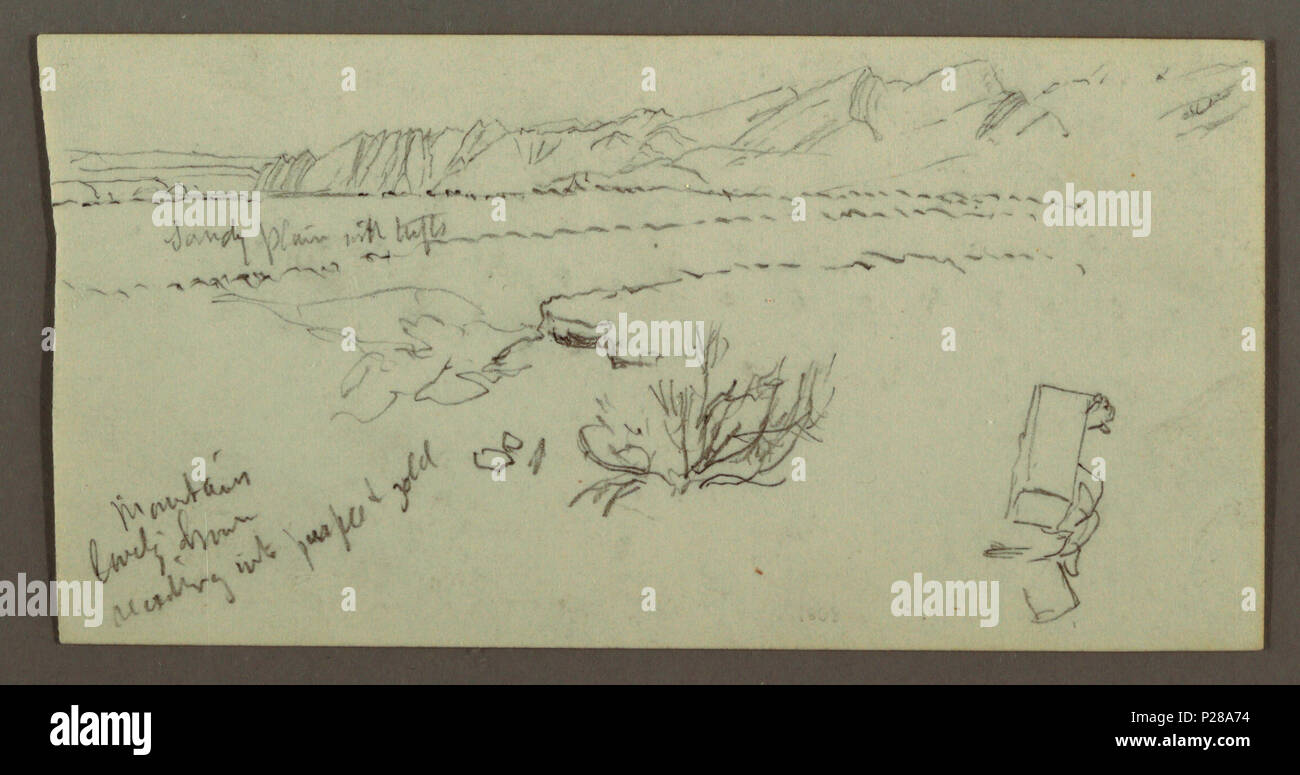 . English: Drawing, Plaina and Mountain Range . English: Verso: Rugged ...