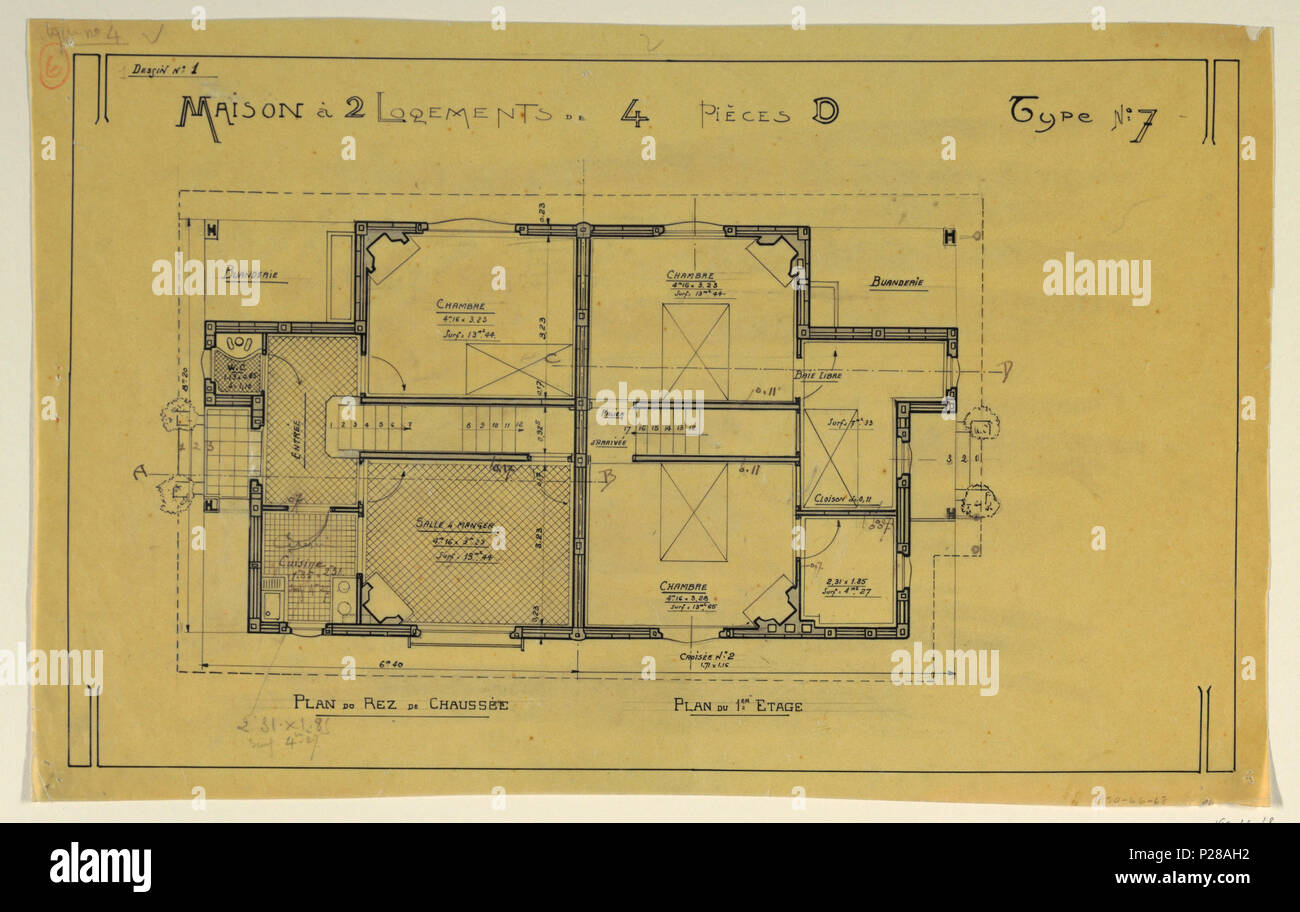 . English: Drawing, Rendering of the Floor Plan of a Two Family Mass ...