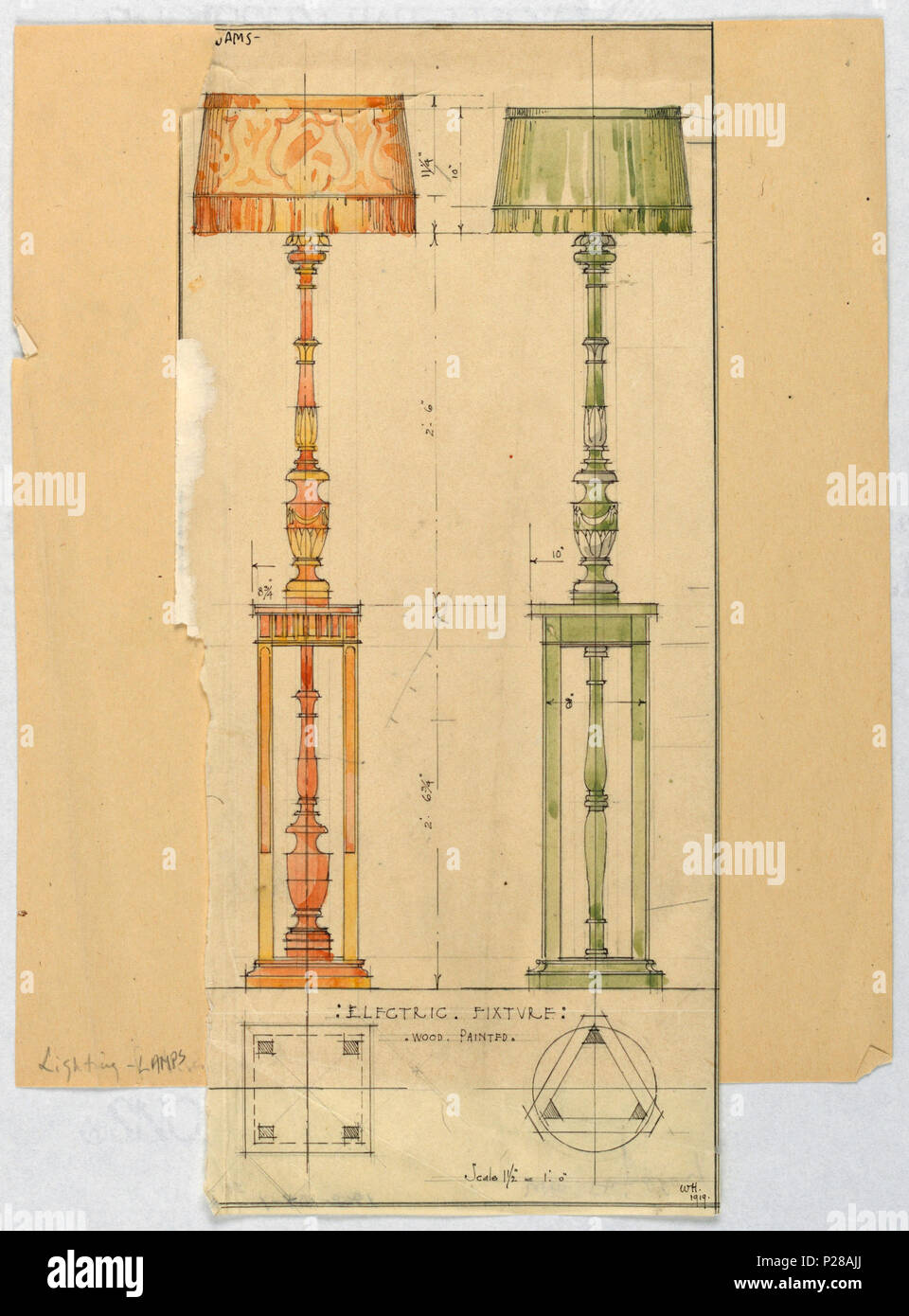 . English: Drawing, Scaled drawing of two electric lamps, 1919 . 1919 ...