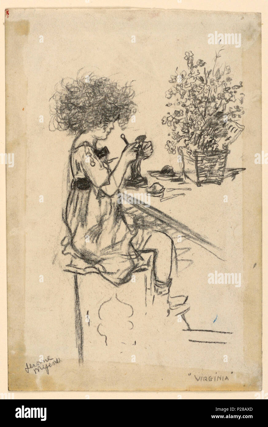 . English: Drawing, Study for etching: Virginia modeling, ca. 1912 ...
