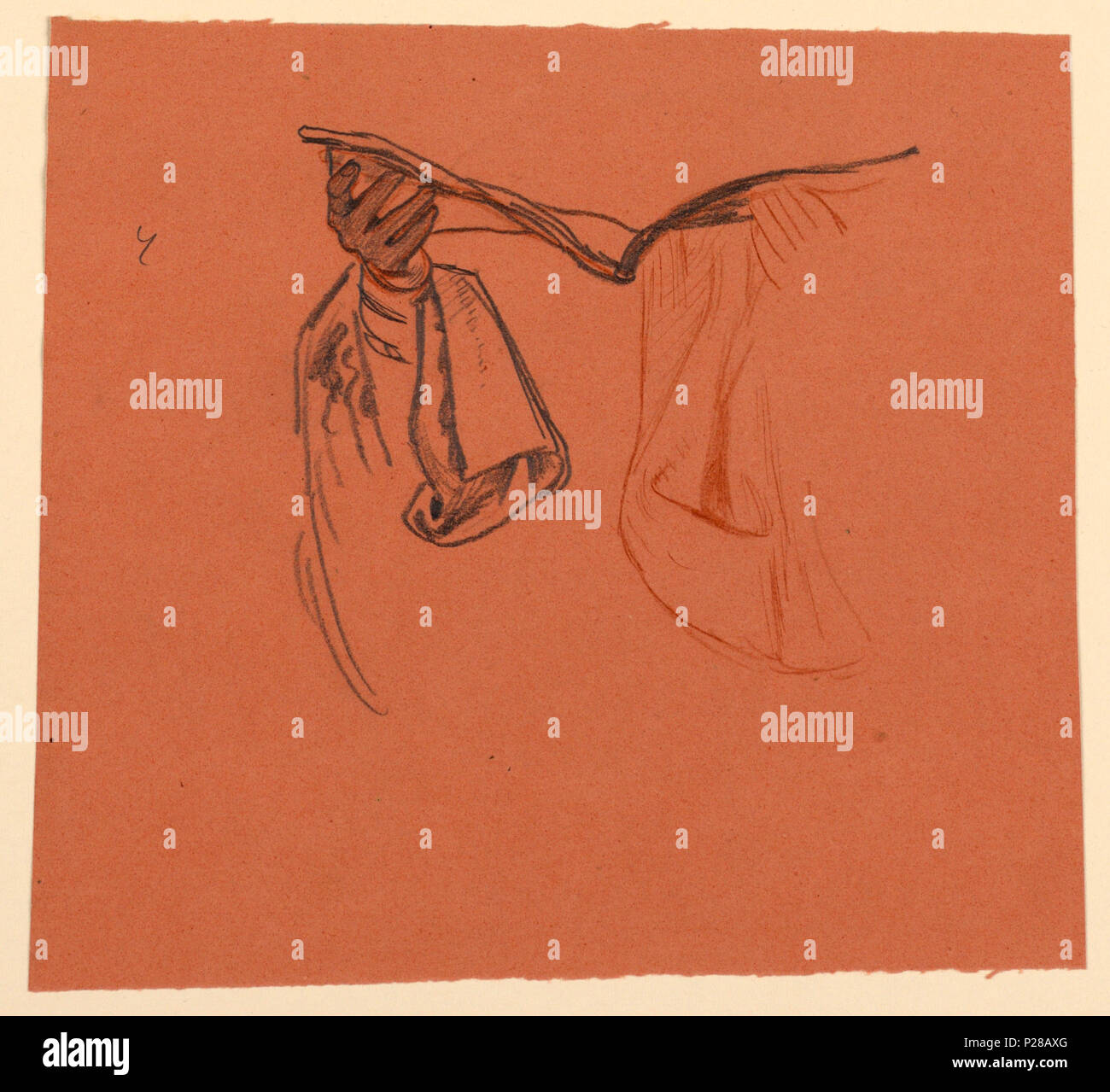 . English: Drawing, study for hands holding an open book with drapery ...