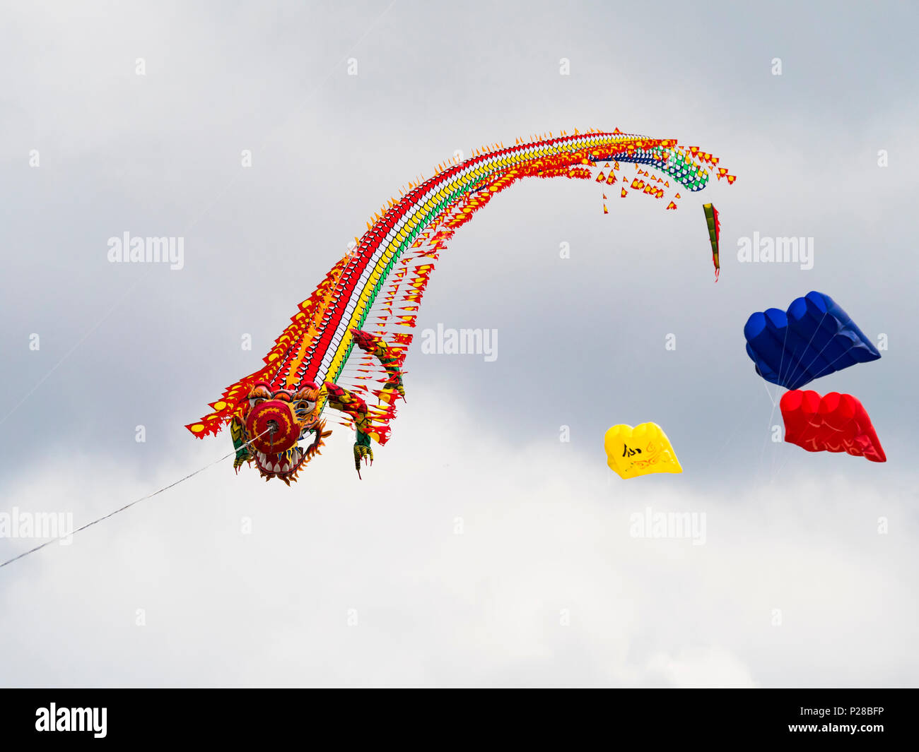 Large kite train in traditional, Indonesian dragon style flying at the Pasir Gudang World Kite ...