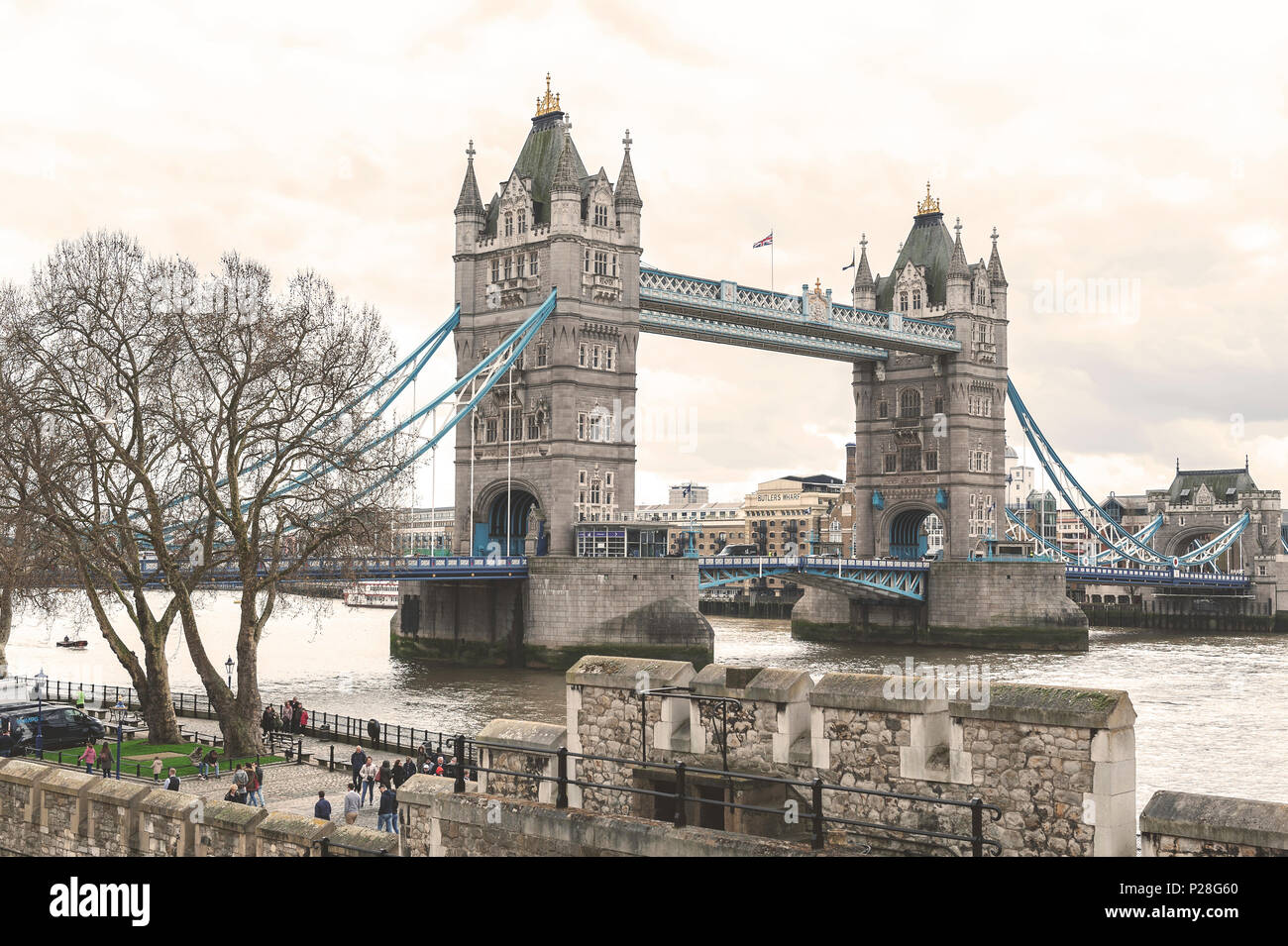 Tower Bridge, a combined bascule and suspension bridge with twin towers ...