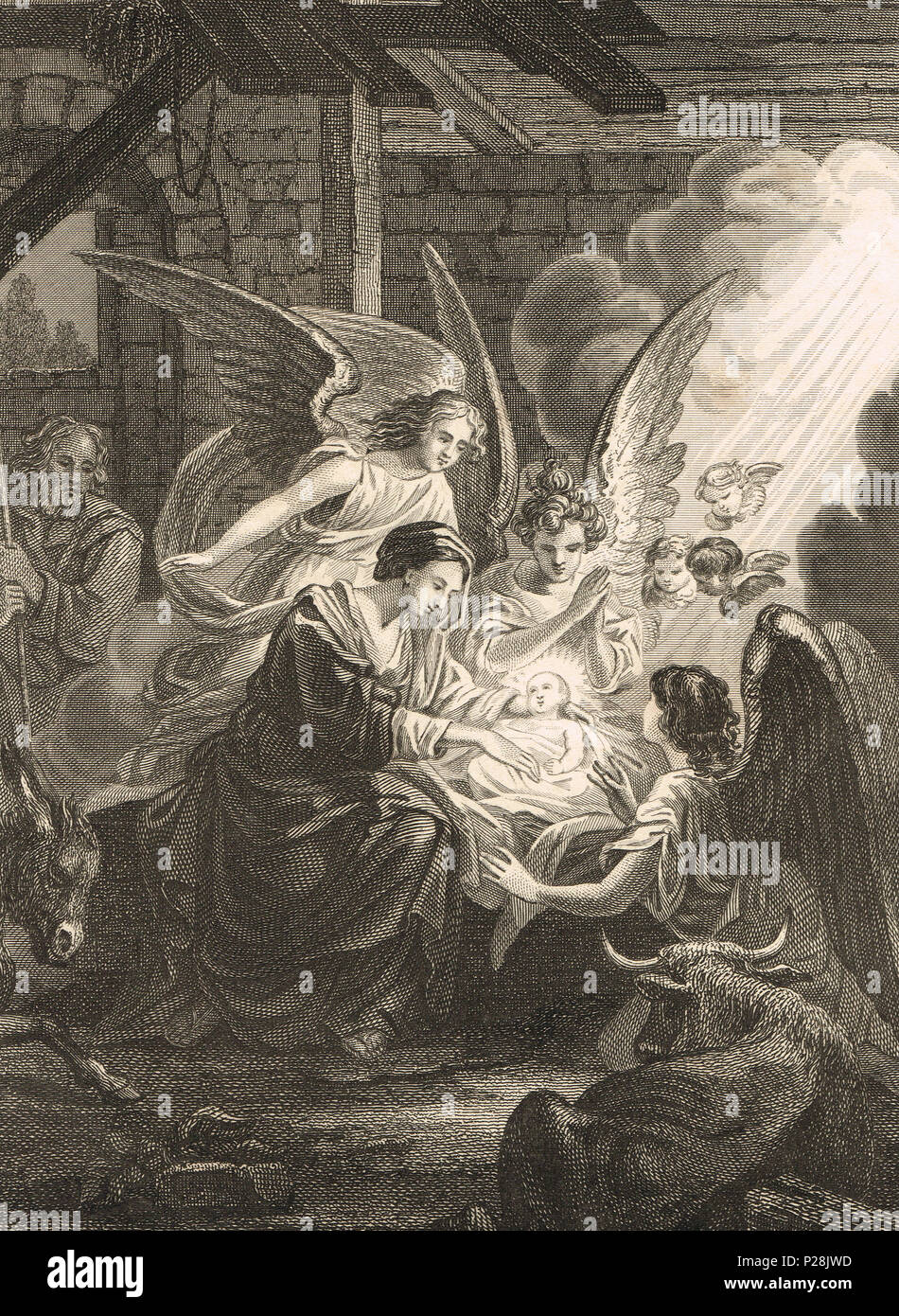 Nativity stable scene, 19th century illustration, Nativity of Jesus ...