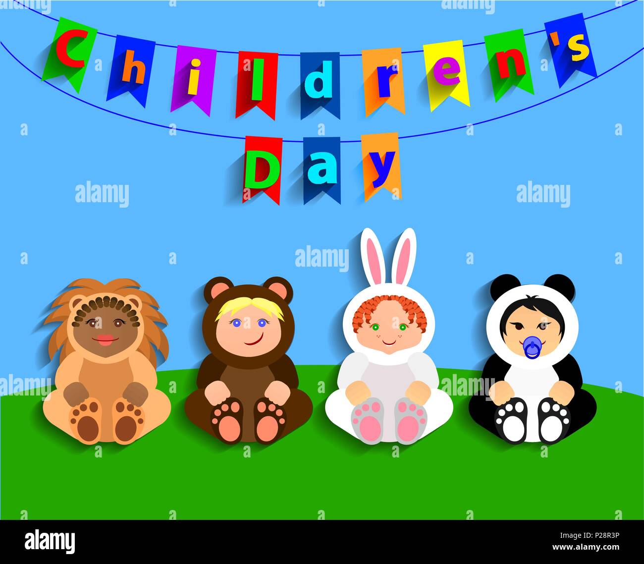 Funny children in animal costumes. International Children's Day. Vector ...