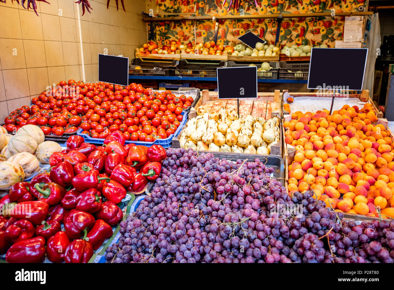 Market counter with vegetables in Budapest Stock Photo - Alamy