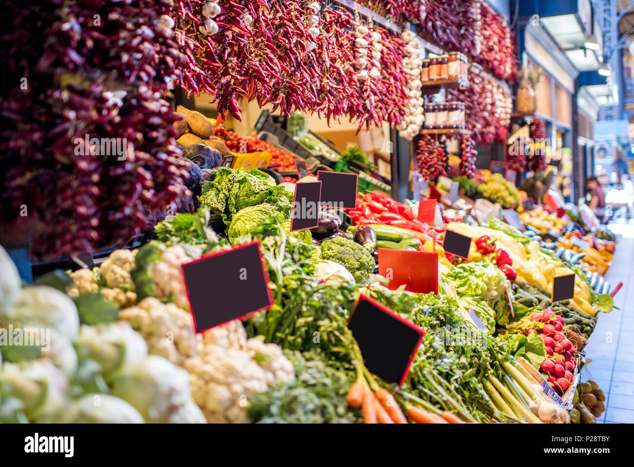 Market counter with vegetables in Budapest Stock Photo - Alamy