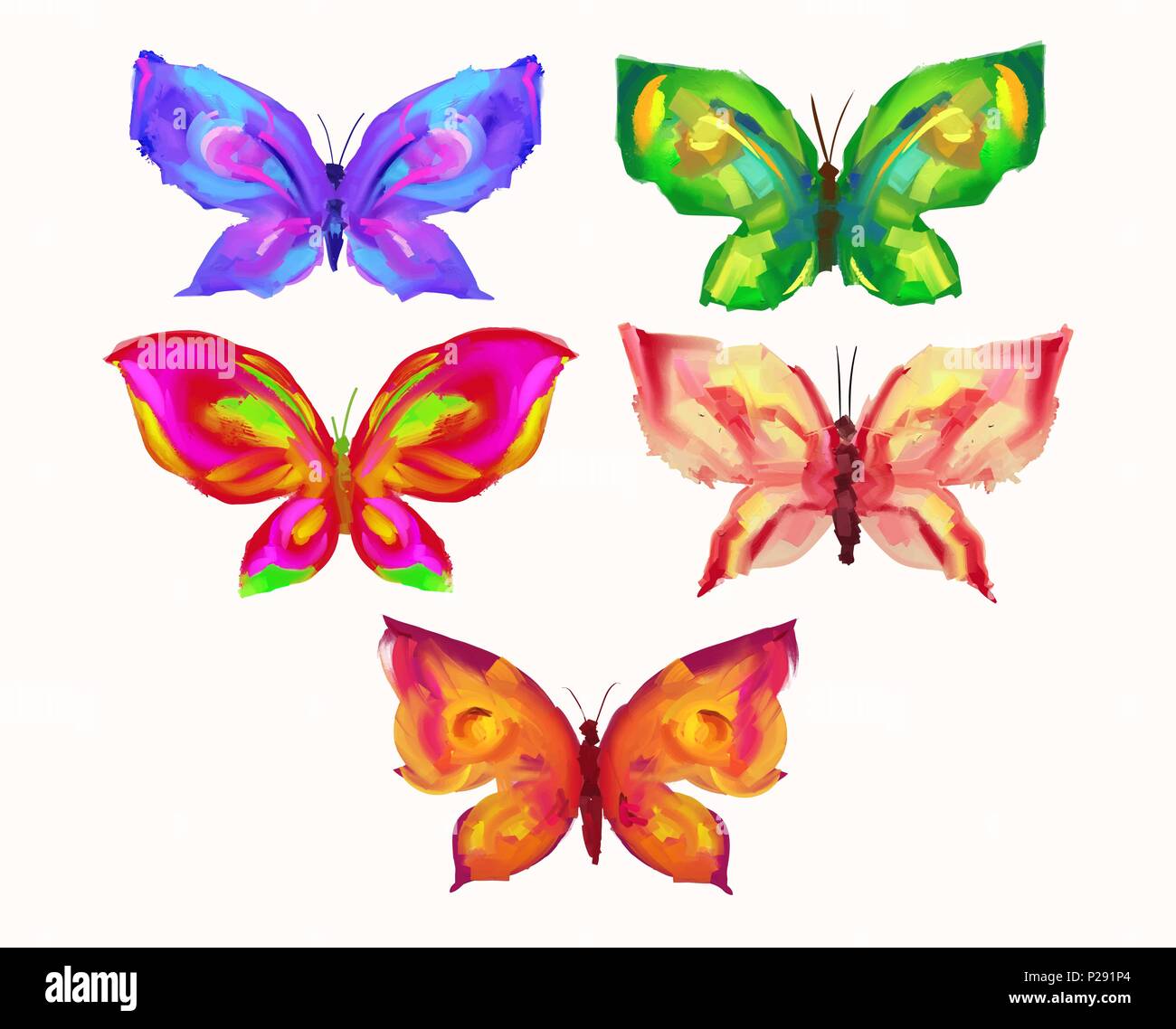 A set of bright, hand-drawn butterflies with the effect of oil paints ...