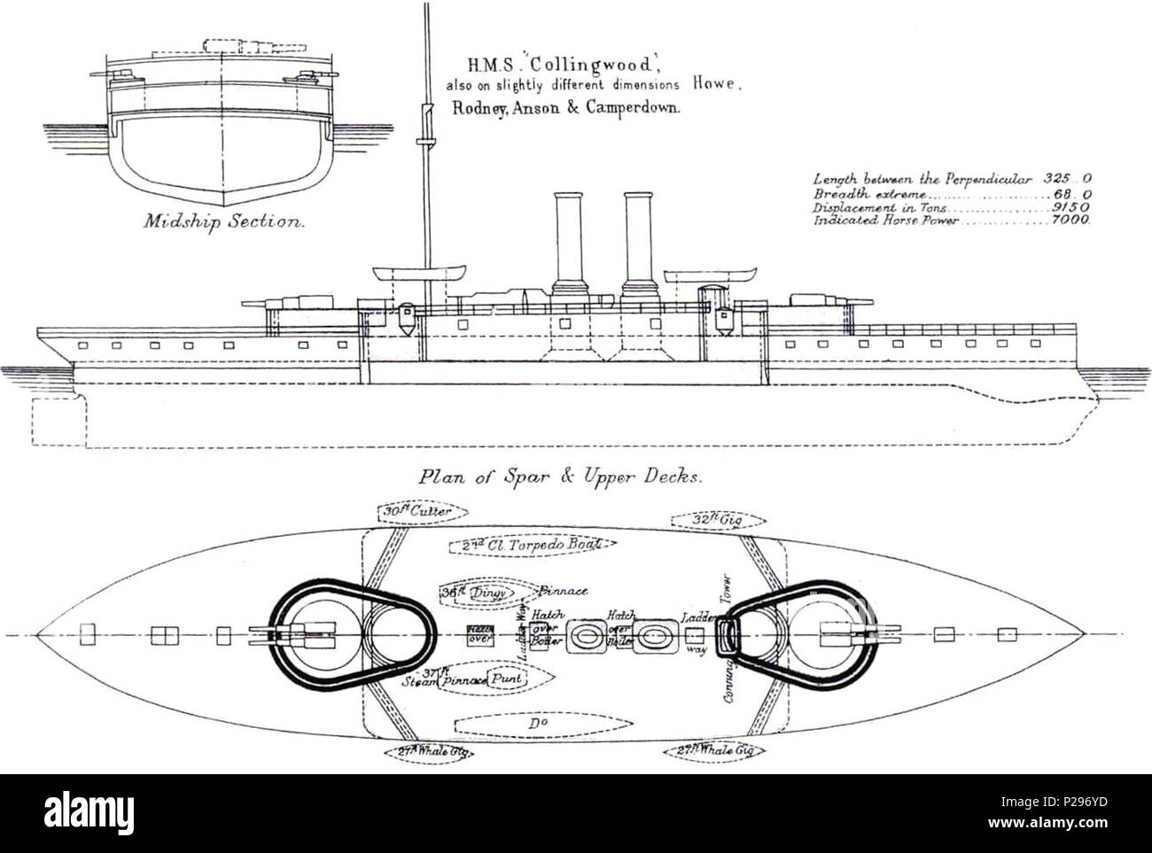 . Diagrams showing right elevation, midship hull section and deck plan ...