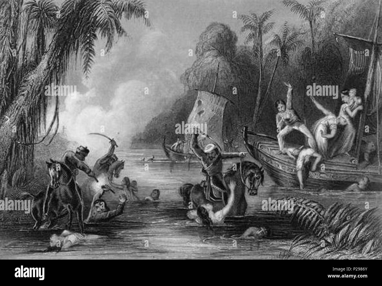 . English: A contemporary engraving of the massacre at the Satichura ...