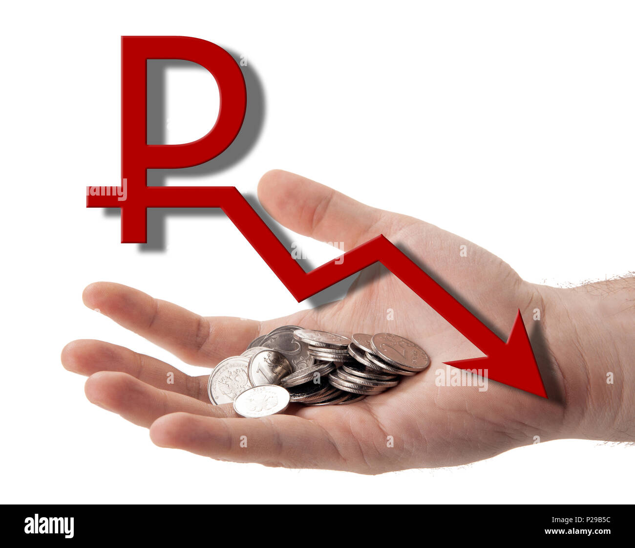 illustration with a symbol of the ruble, a diagram, a person's hand ...