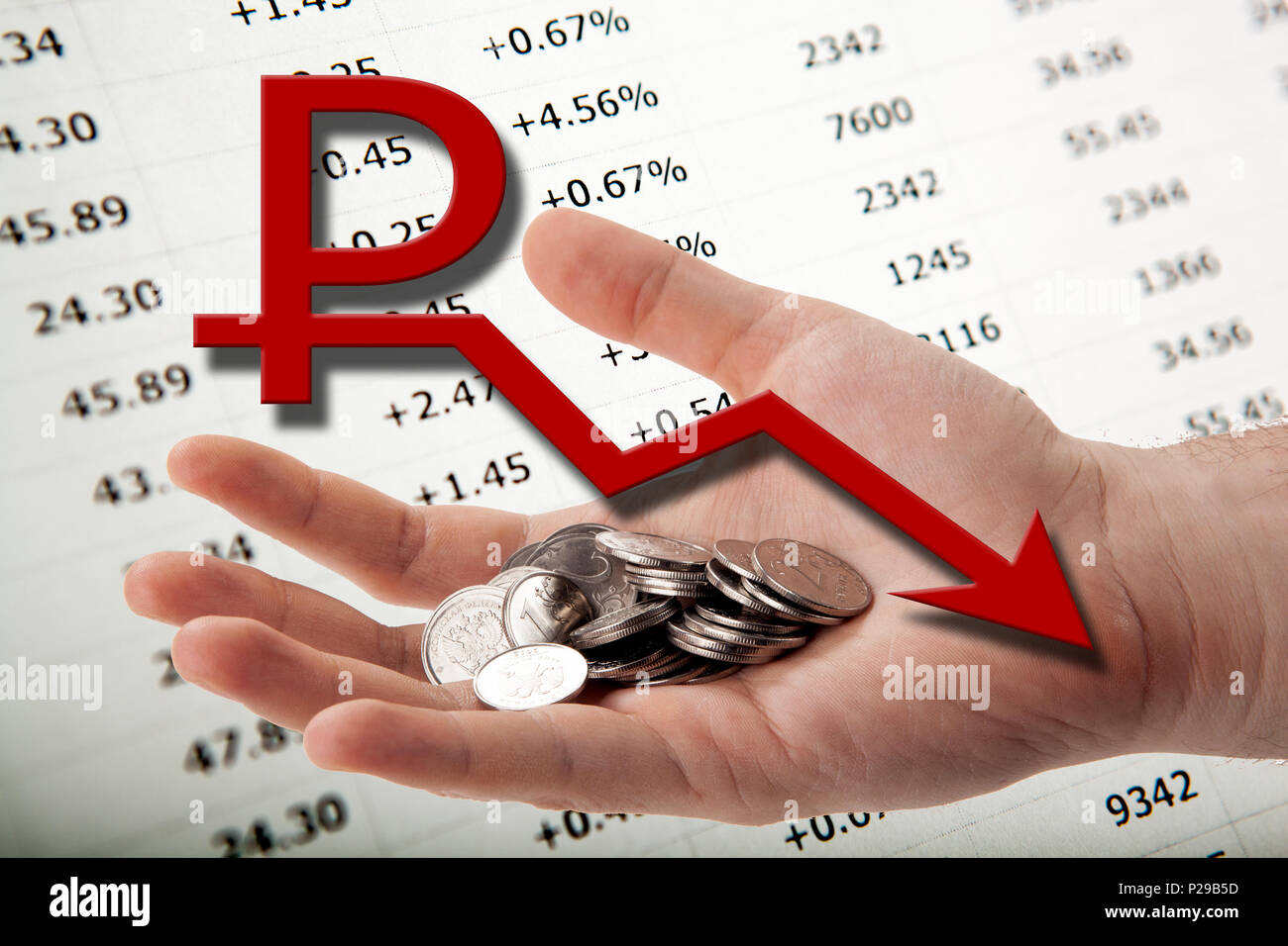 illustration with a symbol of the ruble, a diagram, a person's hand ...