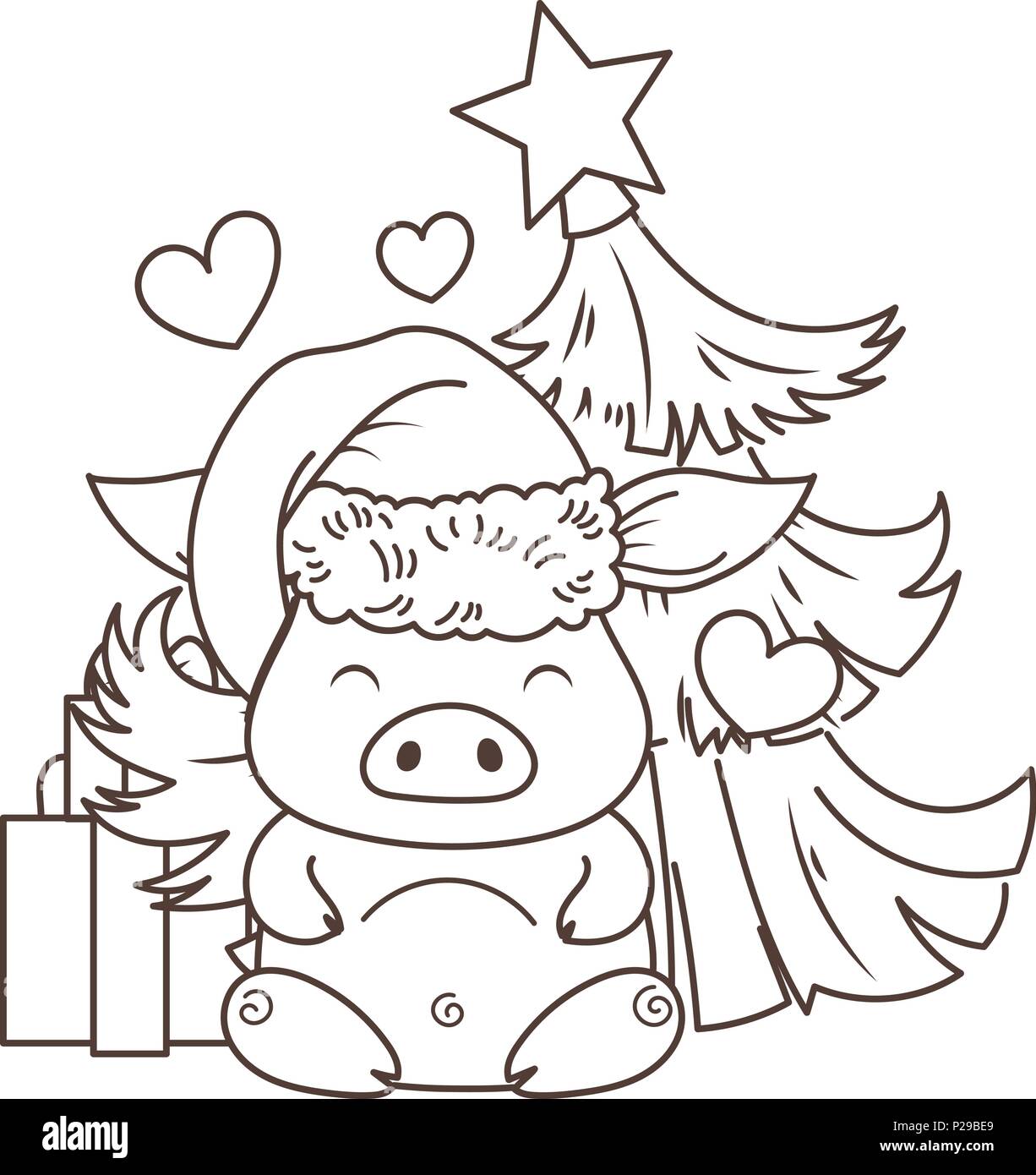 Cute cartoon pig in love with holiday tree. Symbol of New 2019 Year ...