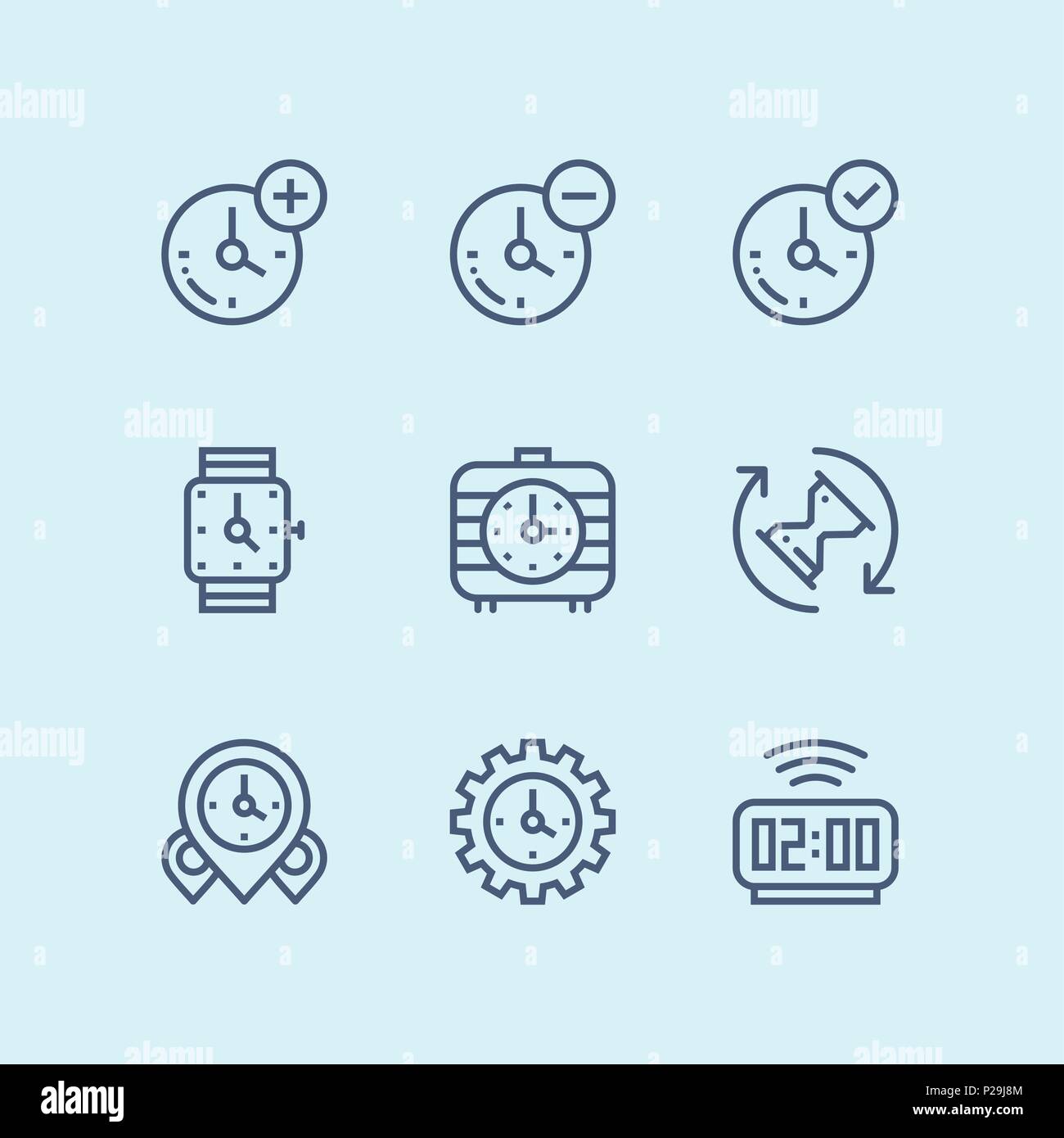 Blue Set of time, clock, watch, timer vector simple outline icons for ...