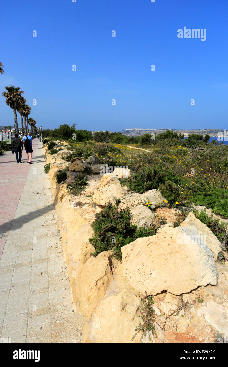 The old Coastal defence wall, Qawra town, Malta Stock Photo - Alamy