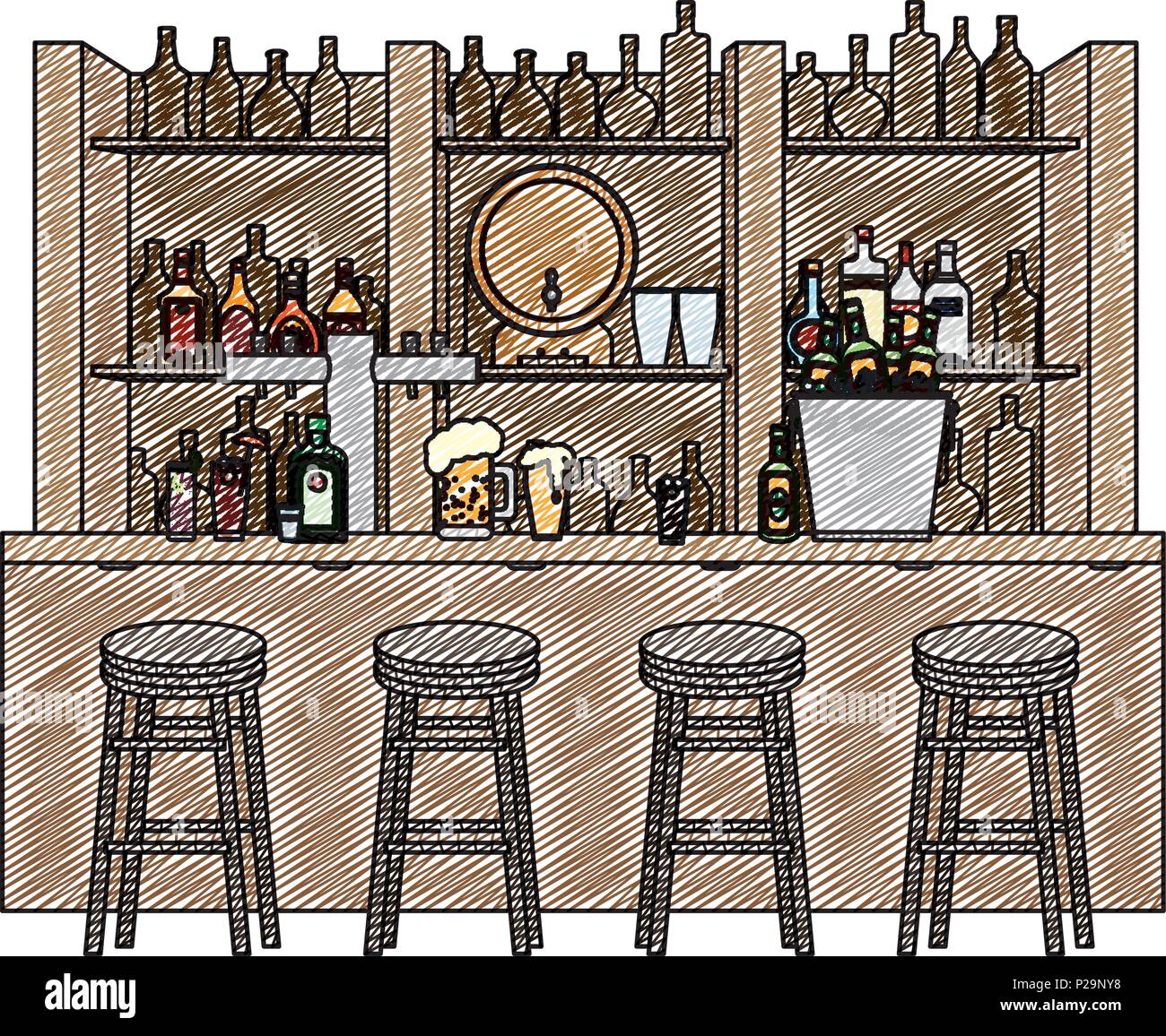 doodle bar liquor beverages with chairs objects Stock Vector Image ...