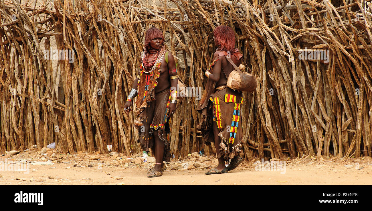 TURMI, OMO VALLEY, ETHIOPIA - 29 JULY 2013: Ethiopian people from Hamer ...