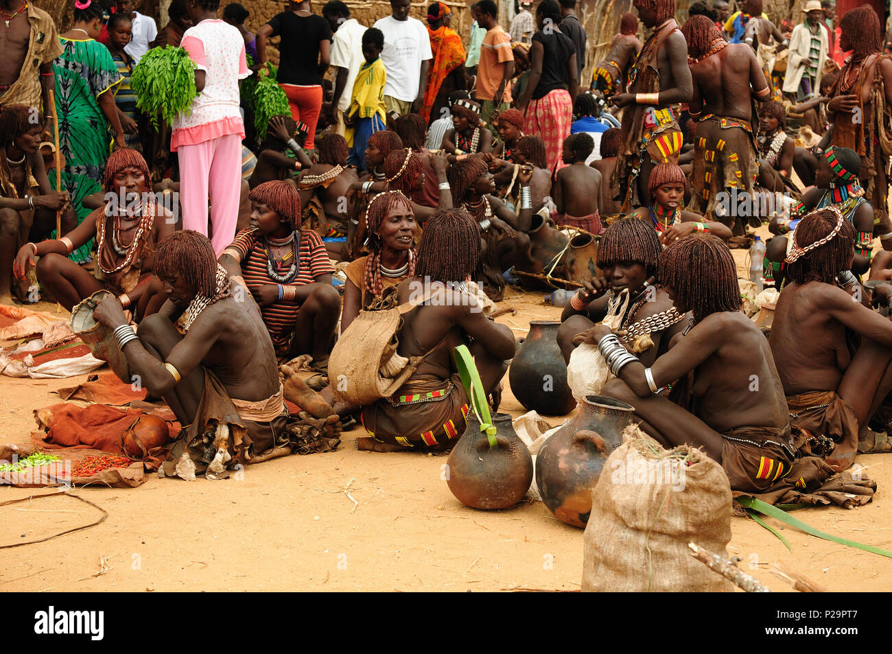 TURMI, OMO VALLEY, ETHIOPIA - 29 JULY 2013: Ethiopian people from Hamer ...