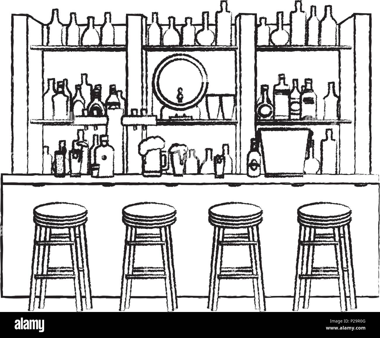 grunge bar liquor beverages with chairs objects Stock Vector Image ...
