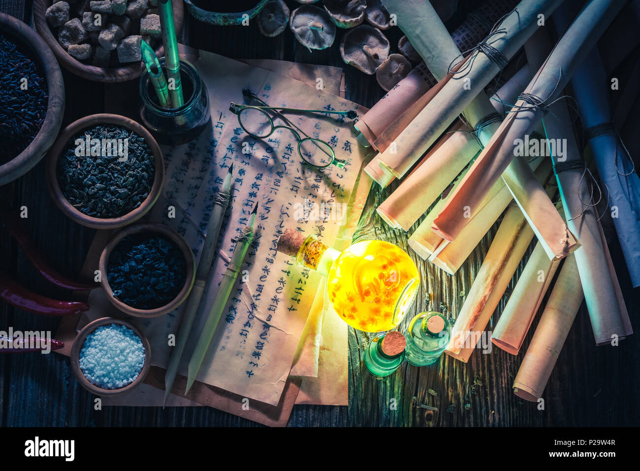 Closeup of old scrolls and recipe in research lab Stock Photo - Alamy