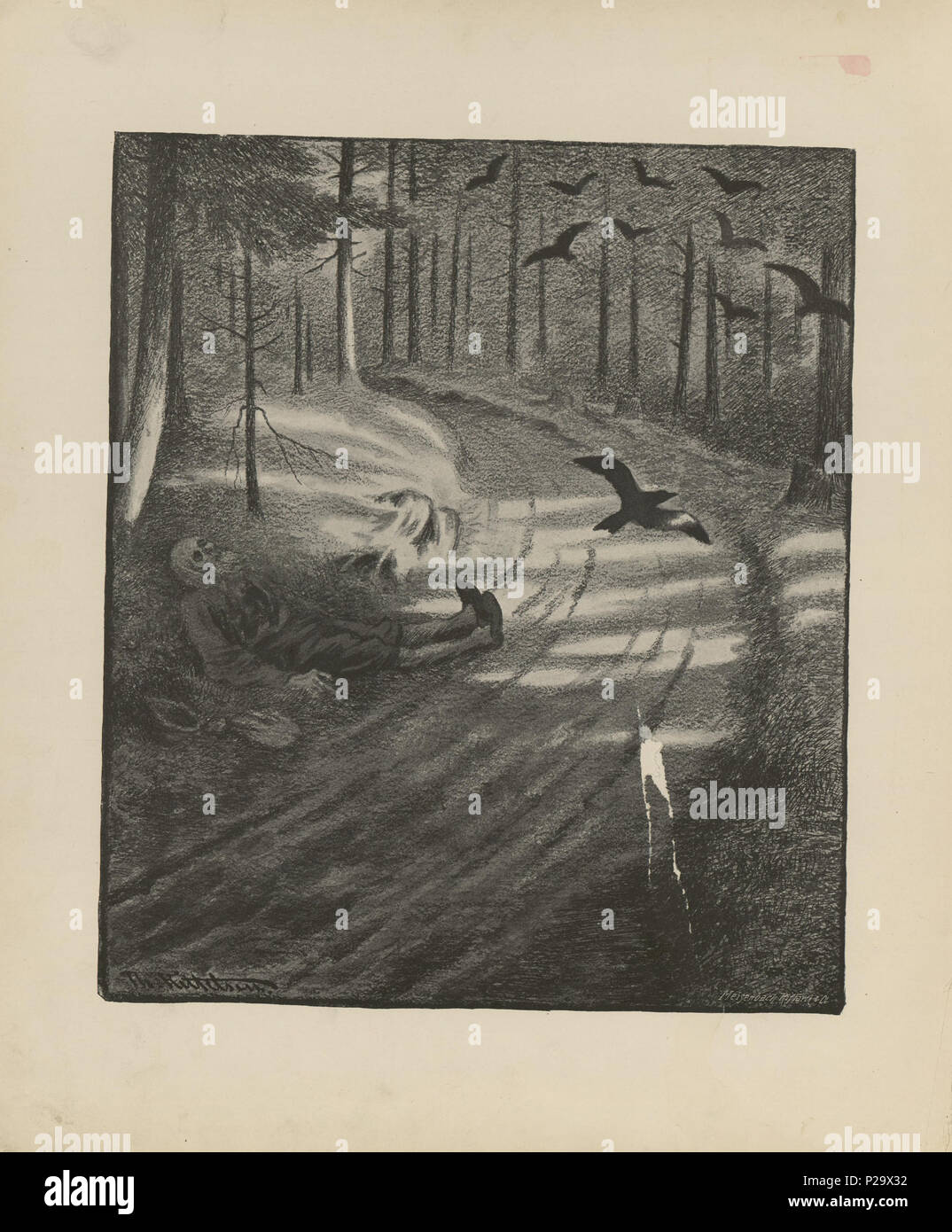 . Norsk bokmål: Illustrasjon hentet fra boken Svartedauen av Kittelsen ...