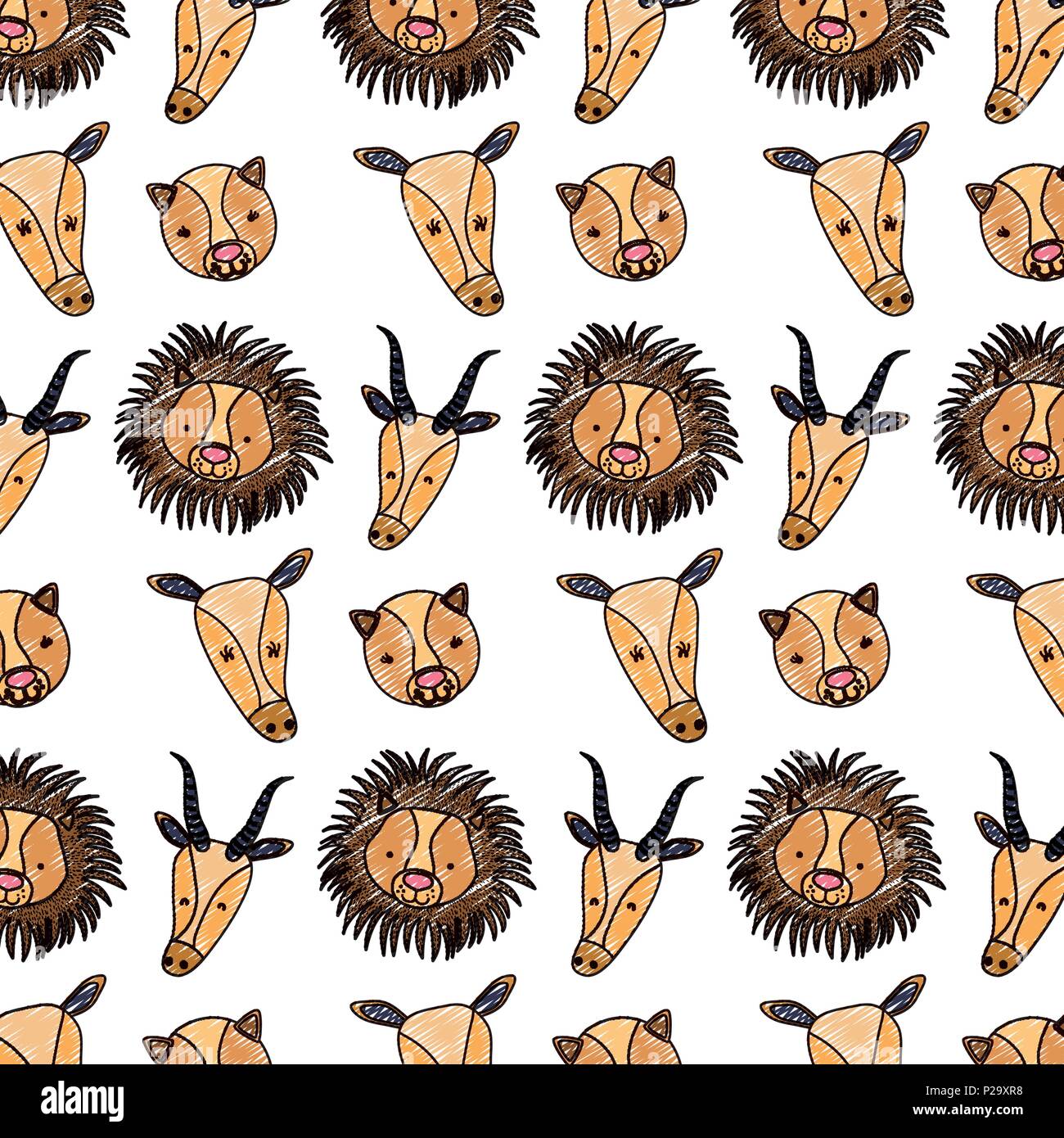 doodle cute head wild animals background Stock Vector Image & Art - Alamy