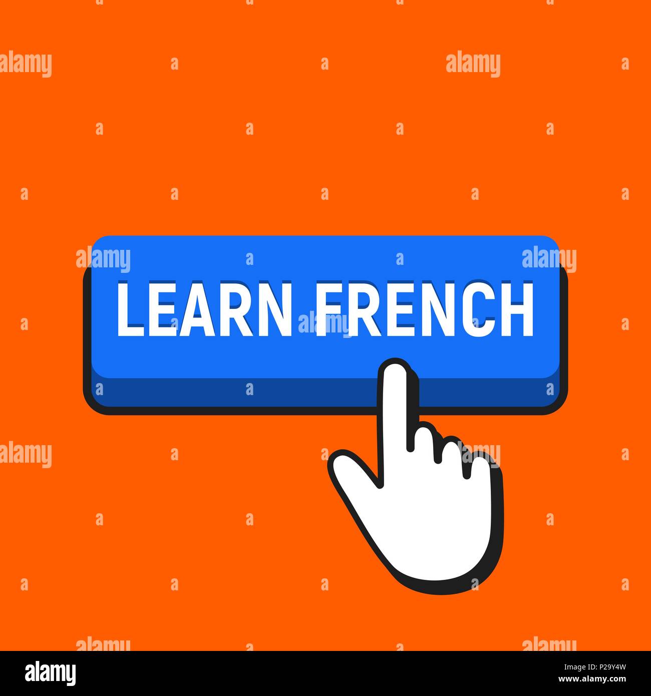 Hand Mouse Cursor Clicks the Learn French Button. Pointer Push Press ...