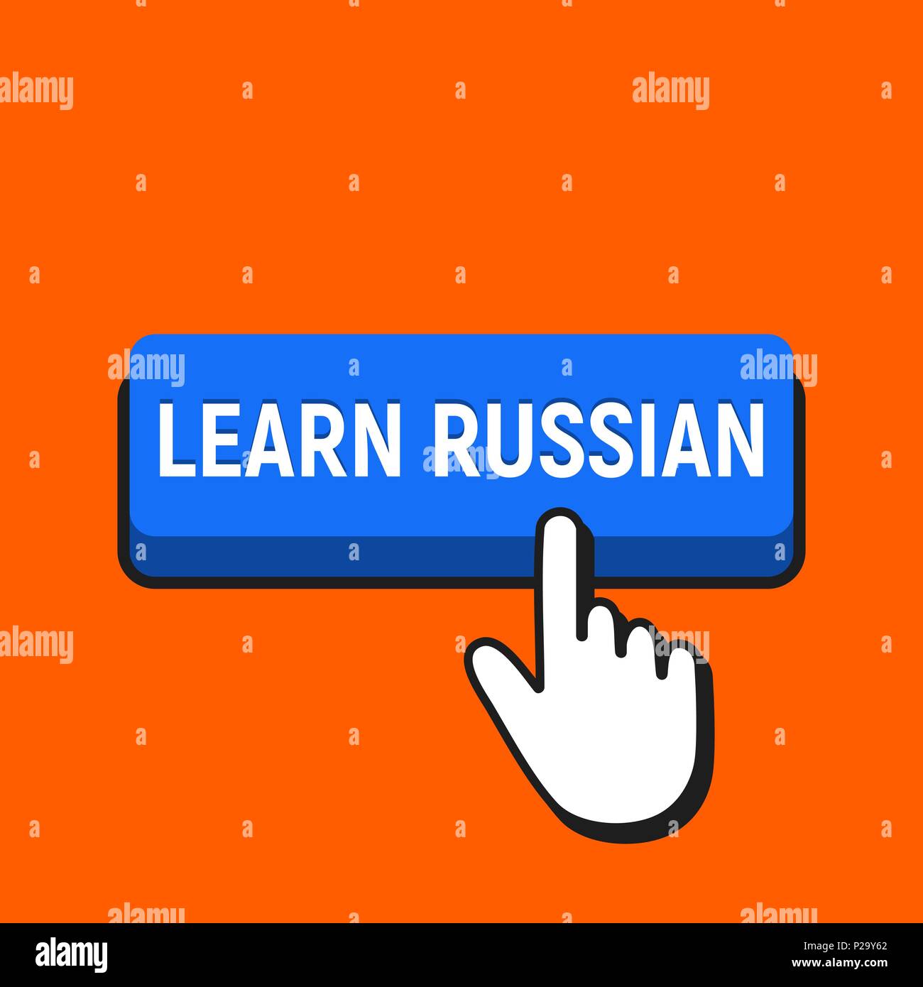 Hand Mouse Cursor Clicks the Learn Russian Button. Pointer Push Press ...