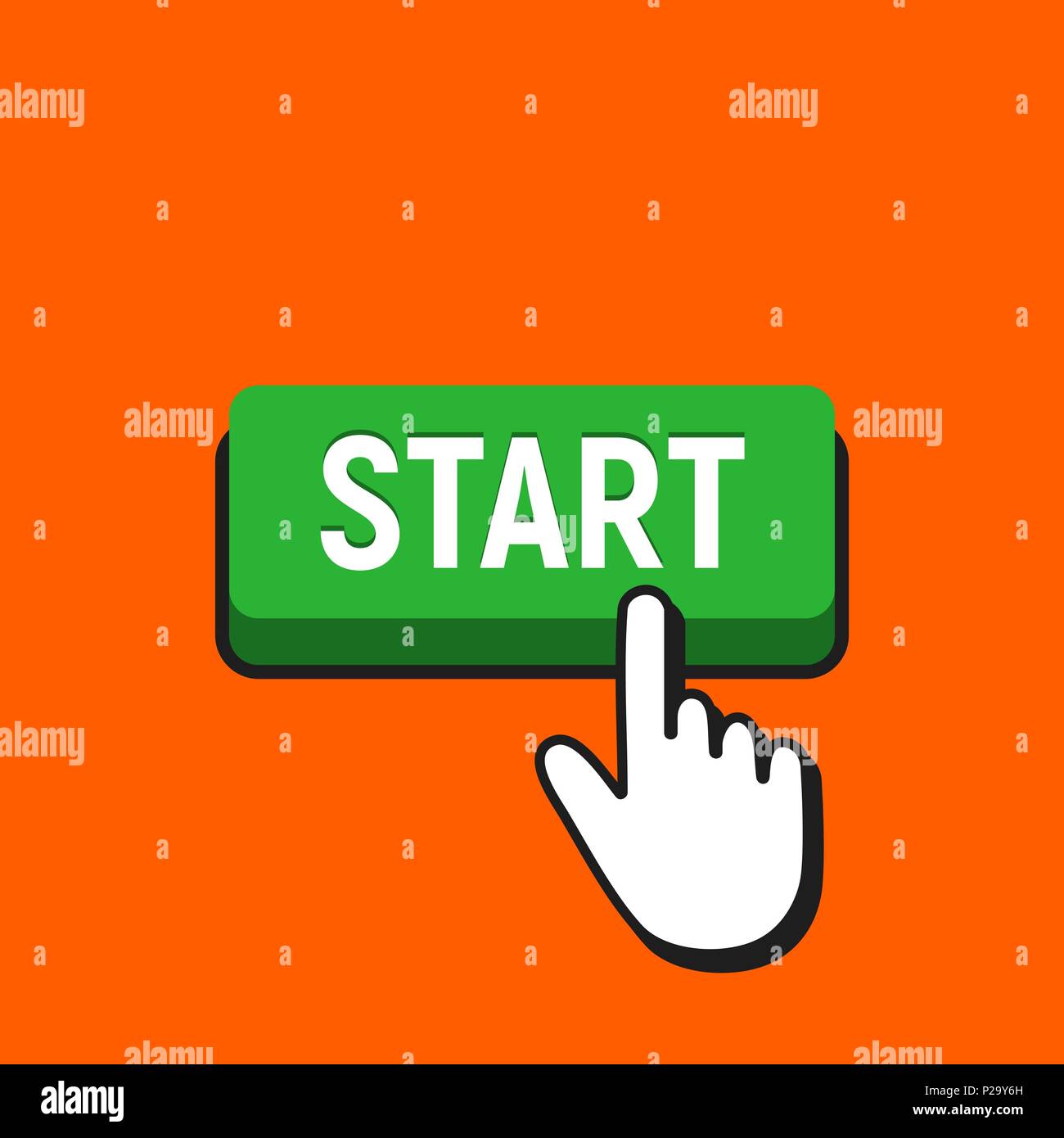 Hand Mouse Cursor Clicks the Start Button. Pointer Push Press Button ...