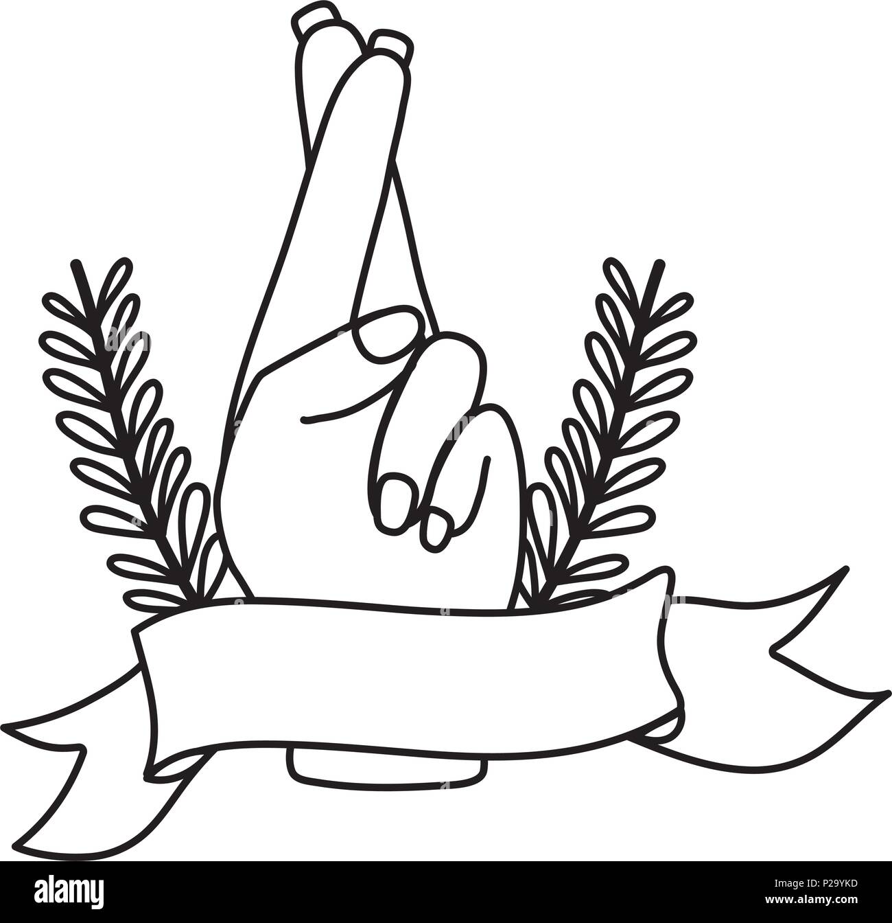 line good luck hand gesture with leaves and ribbon Stock Vector Image ...