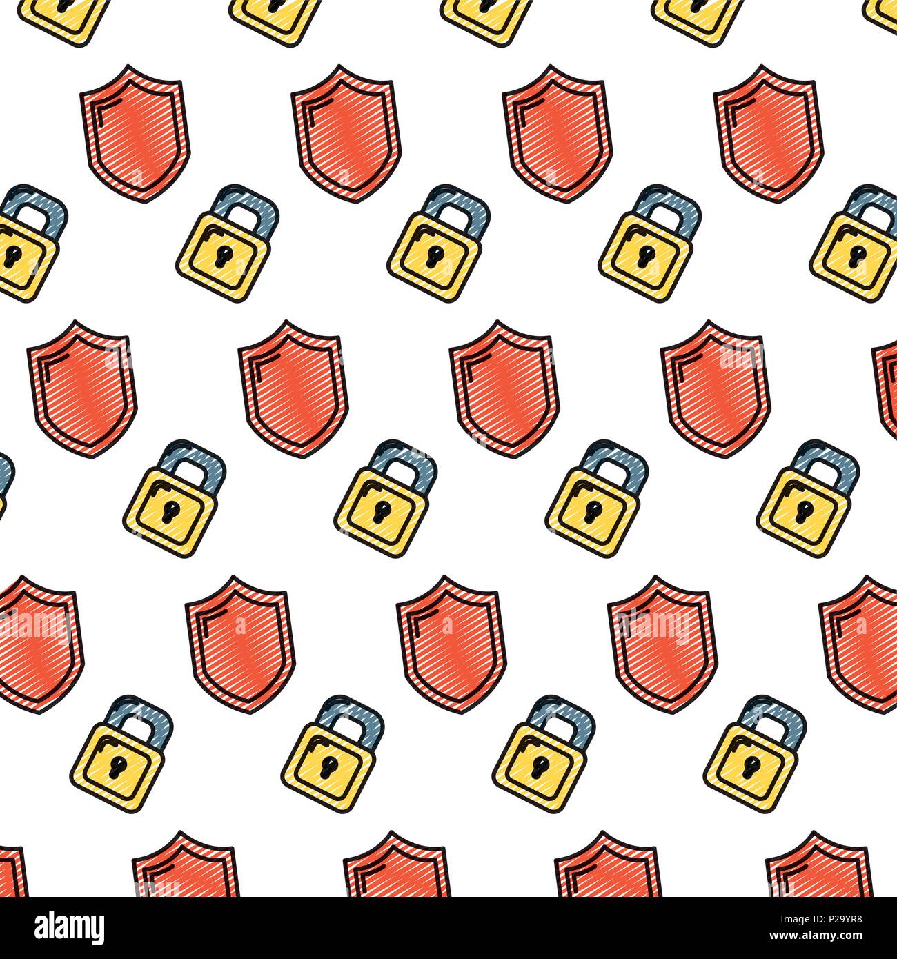 doodle security padlock and shield protection background Stock Vector ...