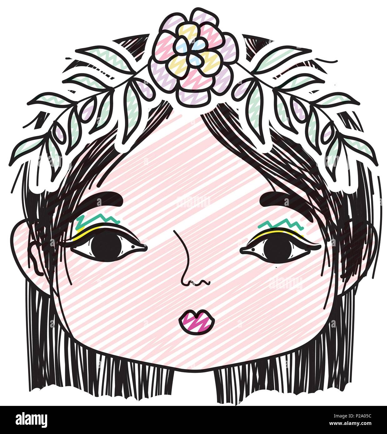 doodle woman with flower and leaves to head decoration Stock Vector ...